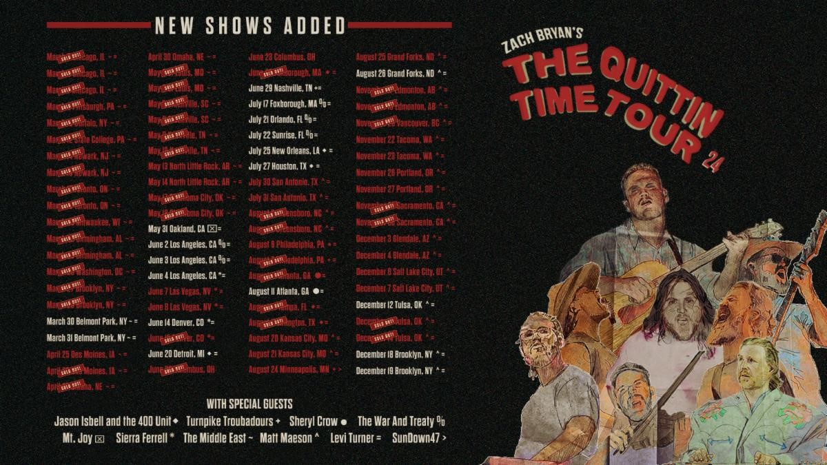 ZACH BRYAN ANNOUNCES NEW DATES FOR THE 'QUITTIN TIME' 2024 TOUR